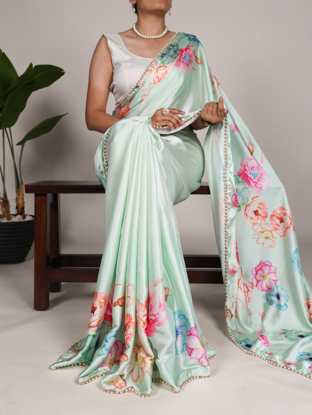 Pista Color Floral Print With Peral Lace Border Satin Silk Indian Sare ...