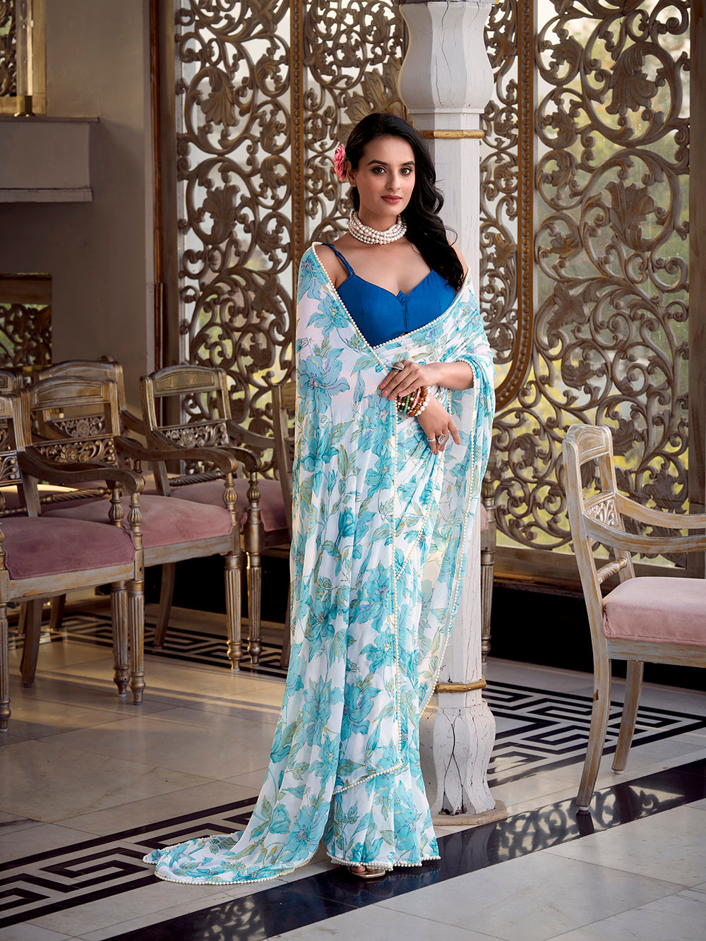 Sky Blue Color Floral Print With Peral Lace Border Weightless Marbal S ...